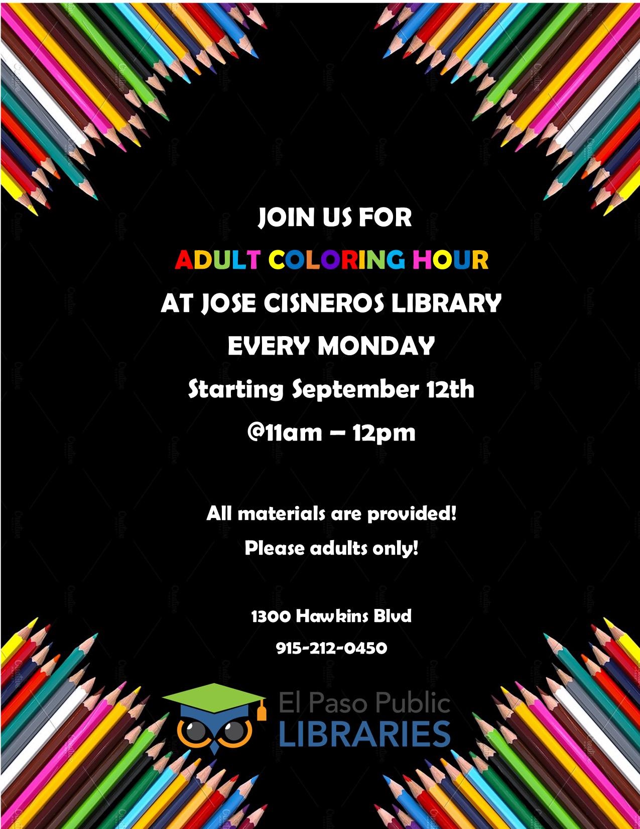 Adult Coloring Hour at José Cisneros Cielo Vista Library - EPStuff