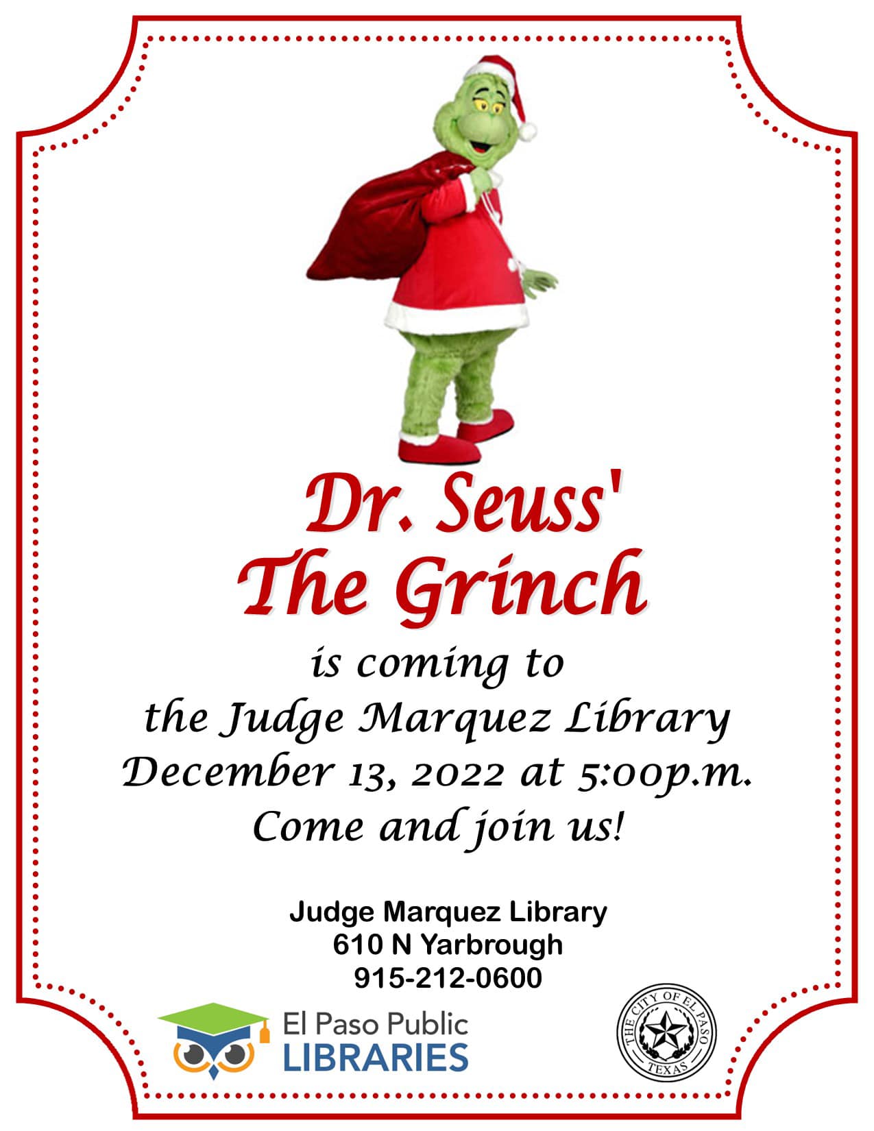 Dr. Seuss' The Grinch at Judge Marquez Library in El Paso, TX - EPStuff